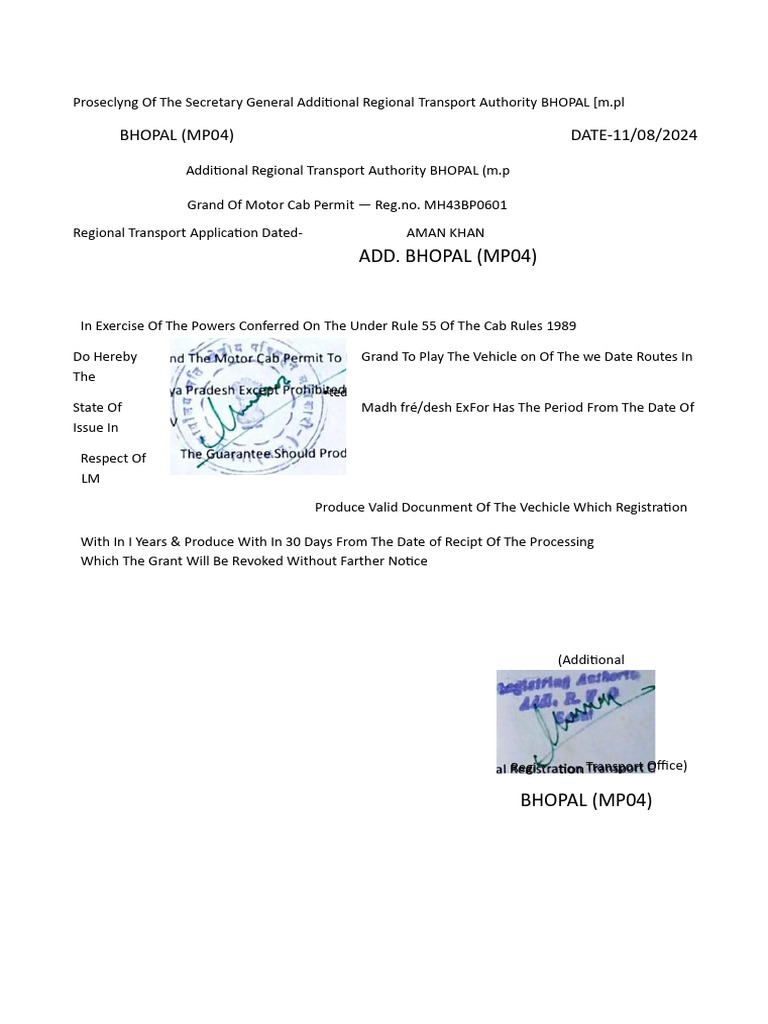 Motor Cab Permit Grant Bhopal 2024 | PDF | Finance & Money Management