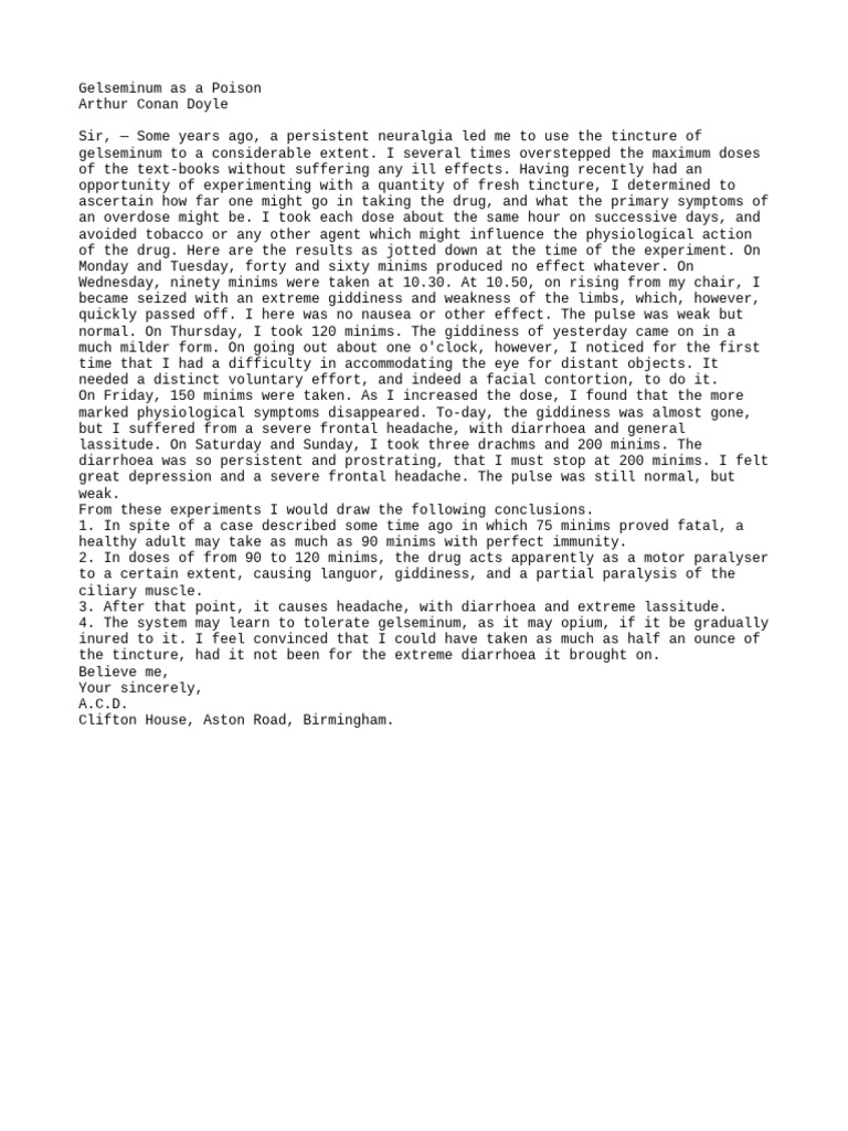 Gelseminum As A Poison-Arthur Conan Doyle | PDF | Clinical Medicine | Drugs