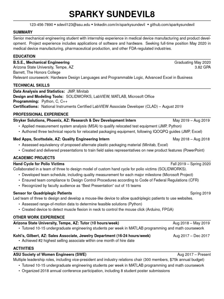 Asu Resume Template | PDF | Jmp (Statistical Software) | Medical Device