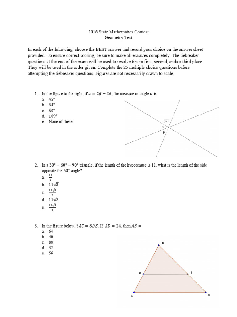 2016 State Geometry Exam 3 Final 1 | PDF | Triangle | Area