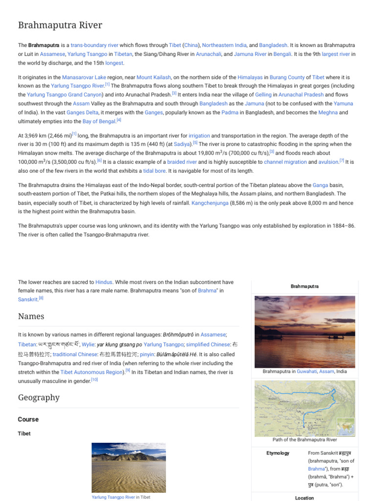Brahmaputra River - Wikipedia | PDF | Earth Sciences | Aquatic Biomes