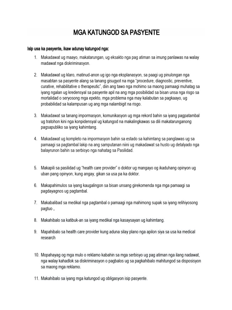 Bisaya - Rights and Responsibilities of Patient | PDF