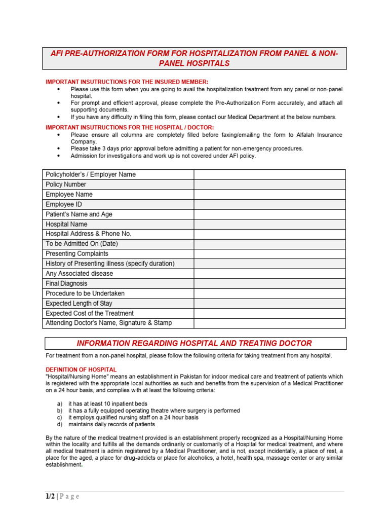 Pre Authorization Form | PDF | Hospital | Patient