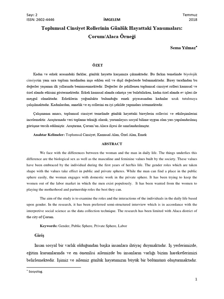 Toplumsal Cinsiyet Rollerinin G NL K Hayattaki Yans Malar Orum-Alaca Rne I (#415425) - 503438 | PDF