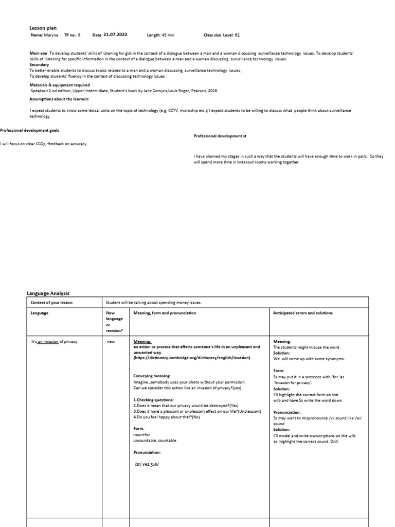B2 Lesson Plan: Listening & Discussion on Surveillance Technology | PDF ...