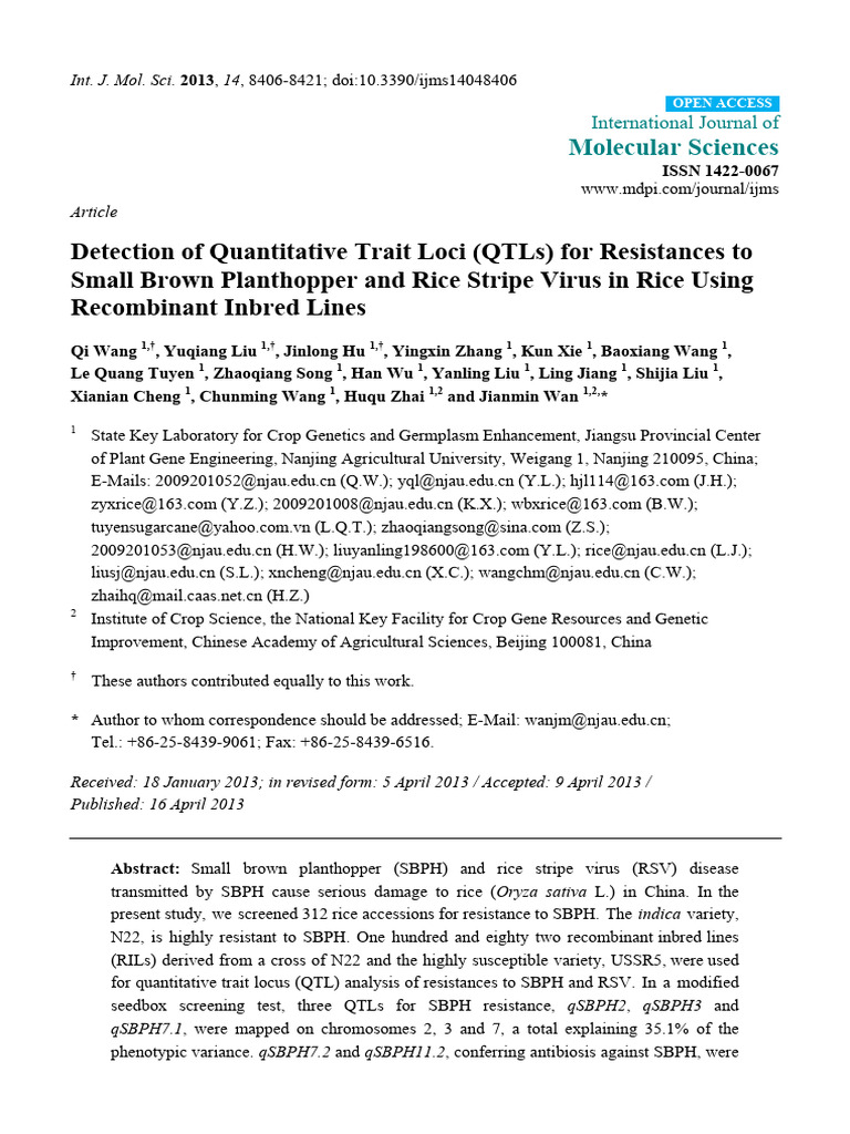 Detection of Quantitative Trait Loci (QTLS) For Resistances To Small Brown Planthopper and Rice ...