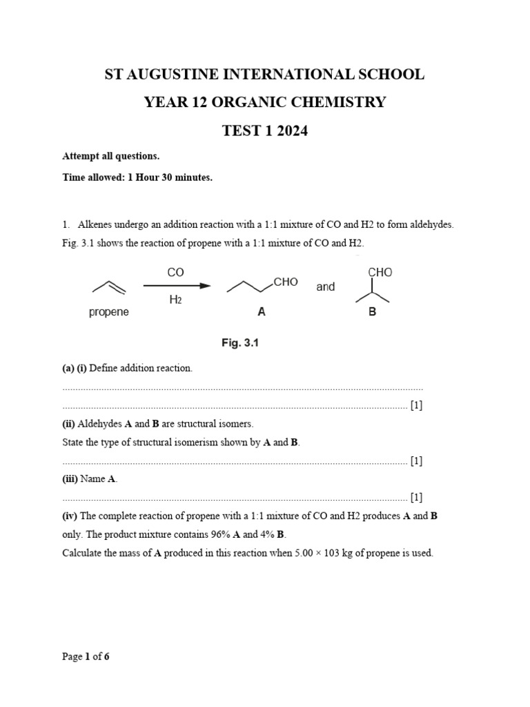 Year 12 Organic Chemistry Test 2024 | PDF | Chemical Reactions | Aldehyde