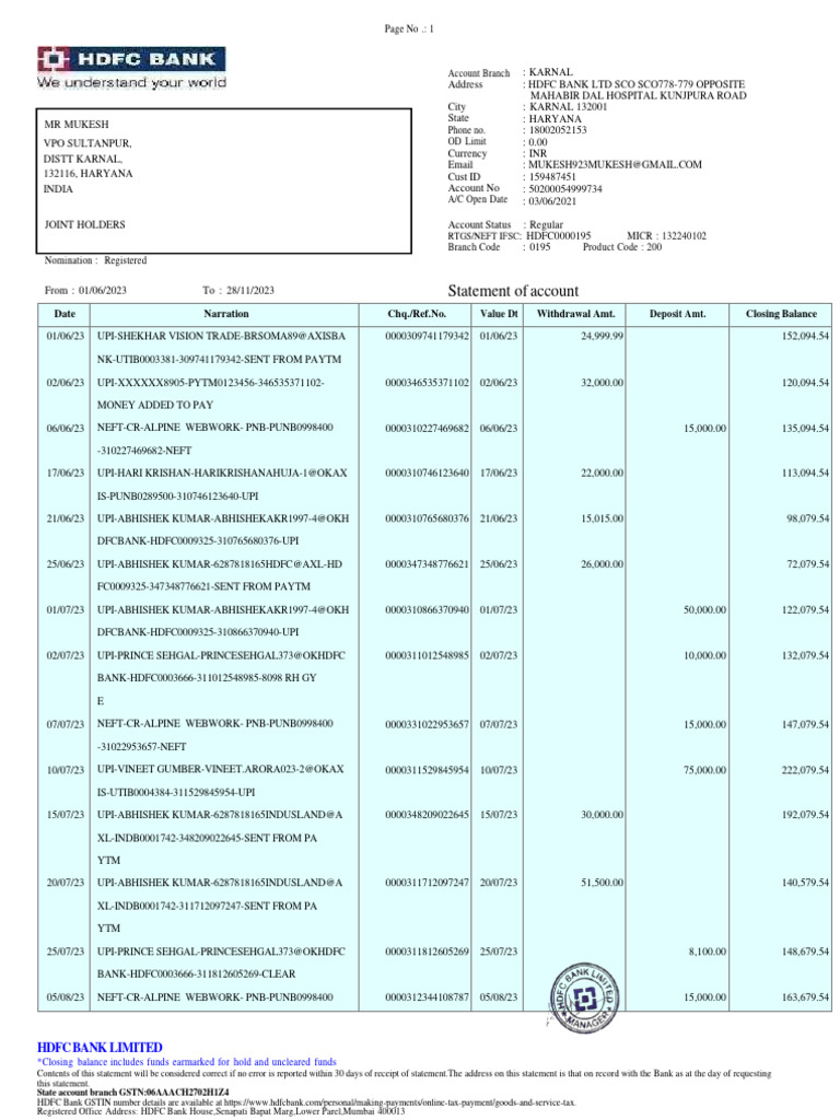 MUKESH HDFC Bank Statement ST (1) Updt | PDF | Banking Technology | Payments