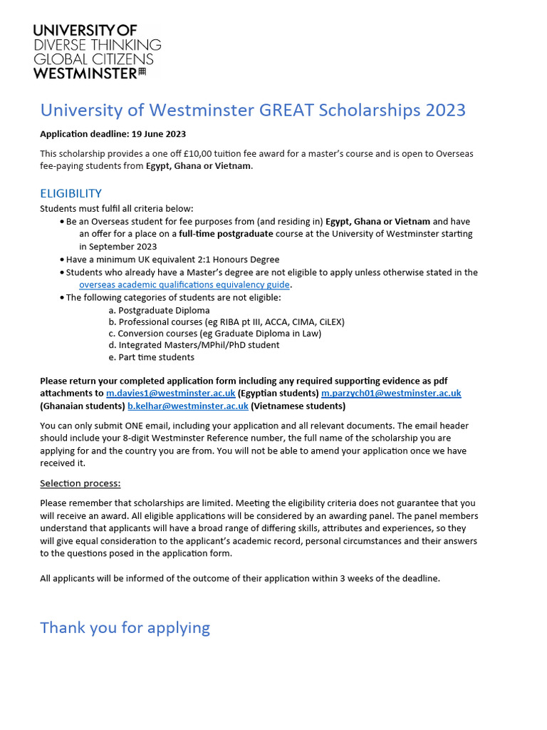 GREAT Scholarships Application Form 2023 | PDF | Postgraduate Education | Master's Degree