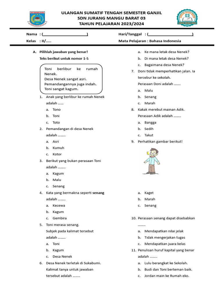 Soal Pts Ganjil Kelas 2 Kurikulum Merdeka Bahasa Indonesia | PDF