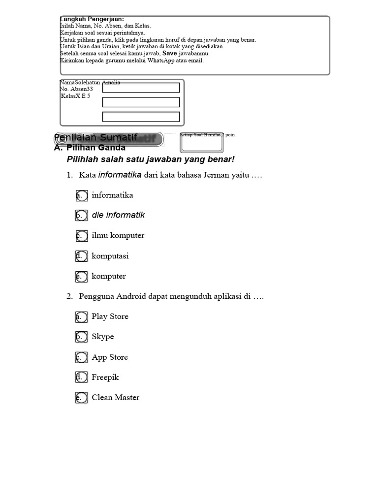 SMA Informatika 10 (SiBi+CP) Penilaian Sumatif 1 | PDF