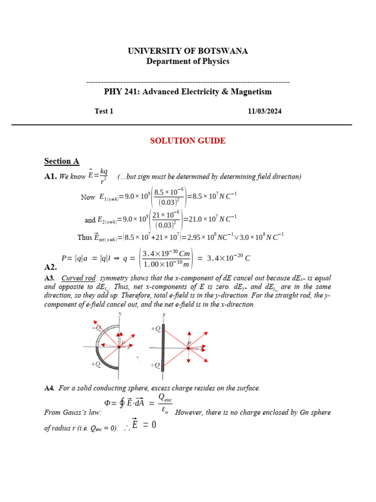 PHY241 T1 2024 Solutions | PDF | Electric Field | Flux