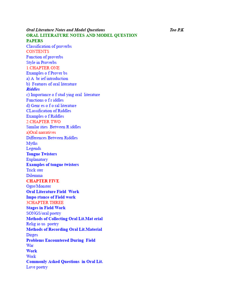 Oral Literature Notes & Questions Guide | PDF