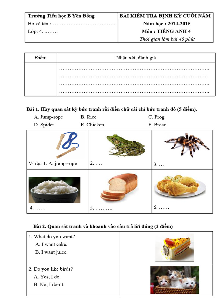 De Thi Hoc Ki 2 Mon Tieng Anh Lop 4 Nam 2015 Truong Tieu Hoc B Yen Dong Nam Dinh | PDF