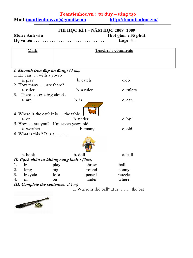 Thi Cuoi Ky 1 Lop 4 | PDF