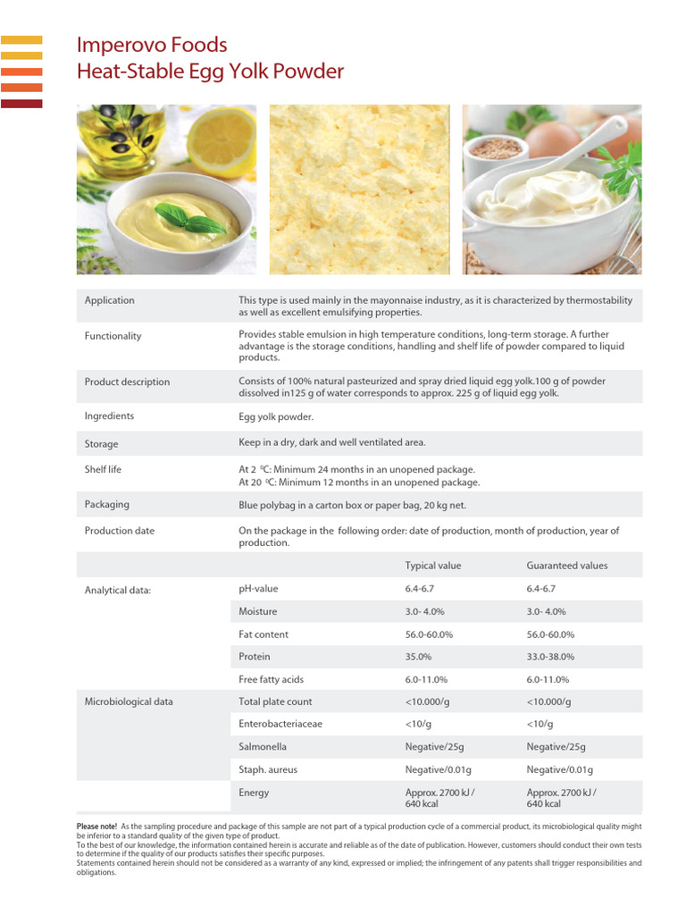 Heat-Stable Egg Yolk Powder for Mayonnaise | PDF | Emulsion | Shelf Life