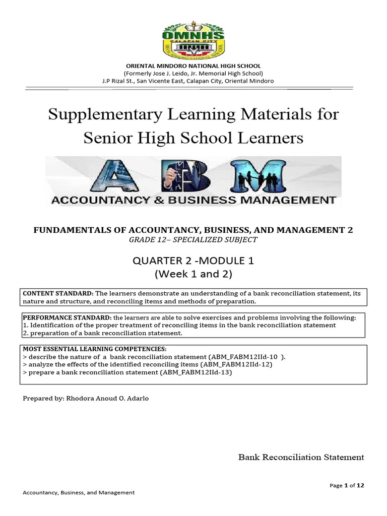 Fundamentals of Abm 2 Q2 Module 1 Week 1 & 2 | PDF | Cheque | Deposit Account