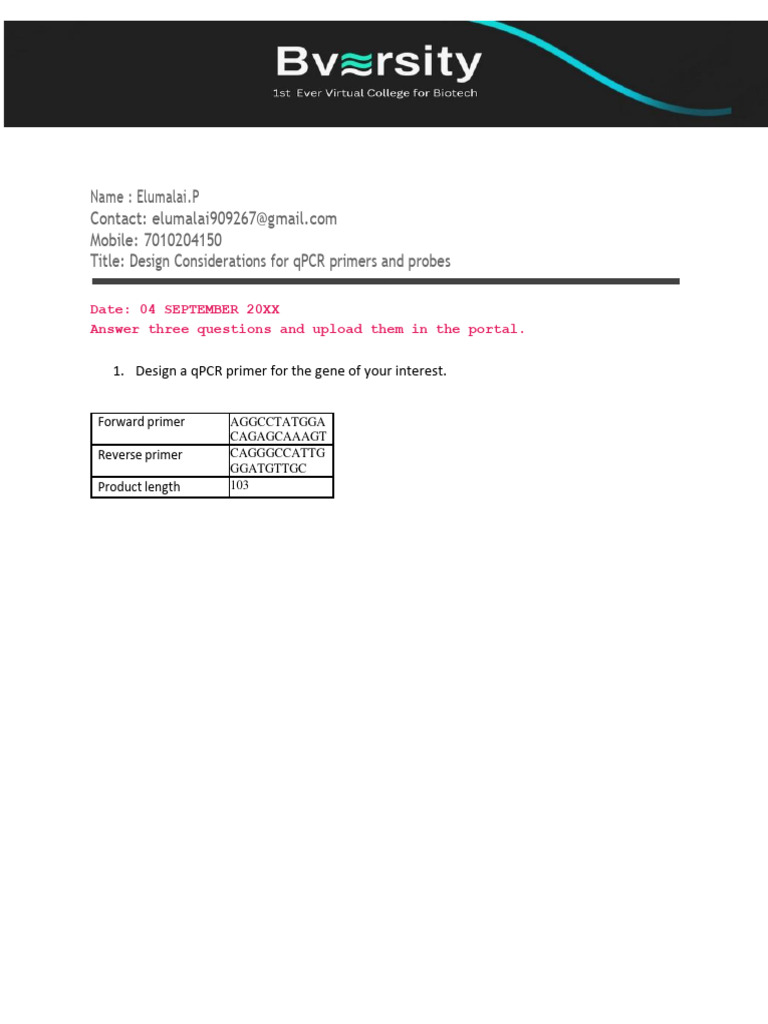 Design Considerations For QPCR Primers and Probes Assignment-1 | PDF ...