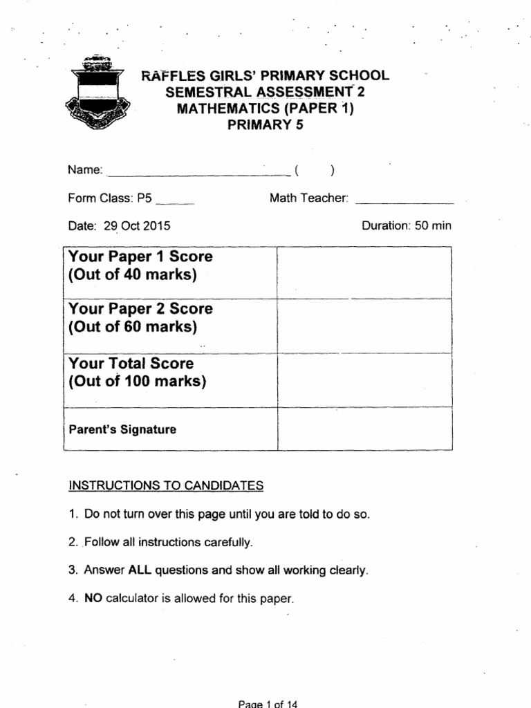 P5 Maths SA2 2015 Raffles Exam Papers | PDF