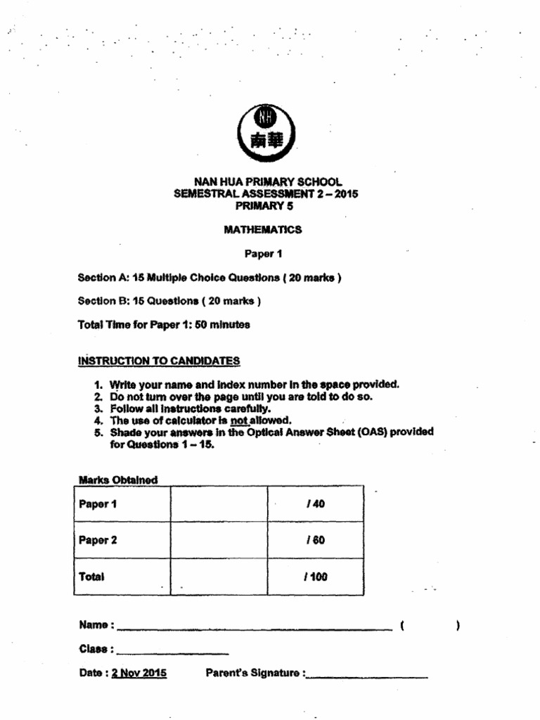 P5 Maths SA2 2015 Nan Hua Exam Papers | PDF