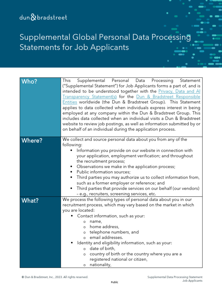DBSupplemental Global Data Processing Statementfor Job Applicants | PDF ...