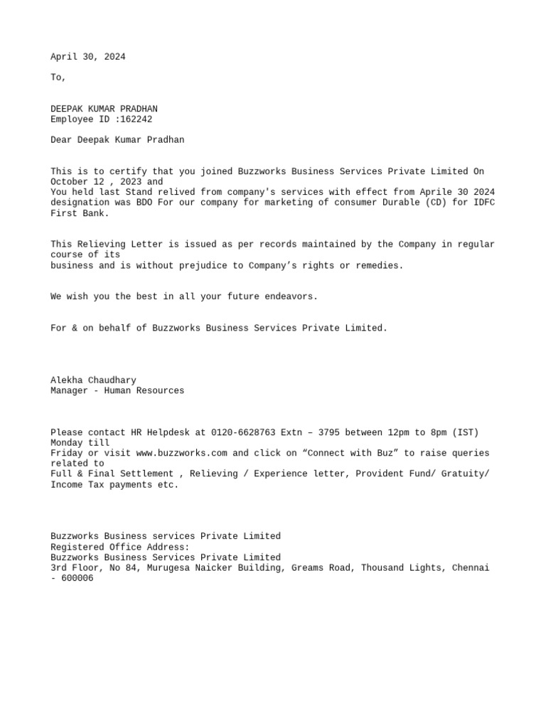 Buzzworks Relieving Letter 2 1 | PDF | Career & Growth