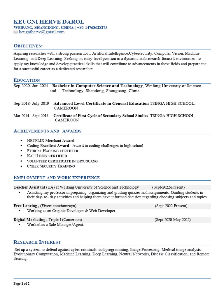 Copy-Herve Darol CV (2) 1111 | PDF | Deep Learning | Computing