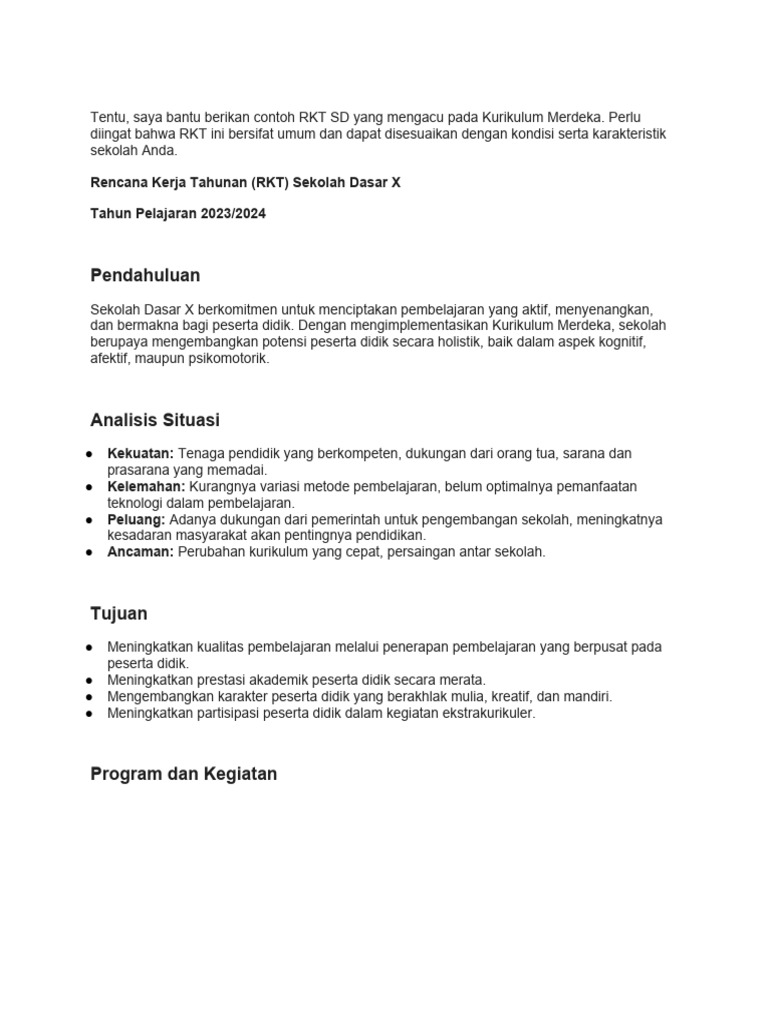 Contoh RKT SD Kurikulum Merdeka | PDF