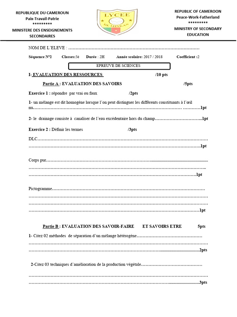 Épreuve de SVT 5ème - Séquence 2 | PDF