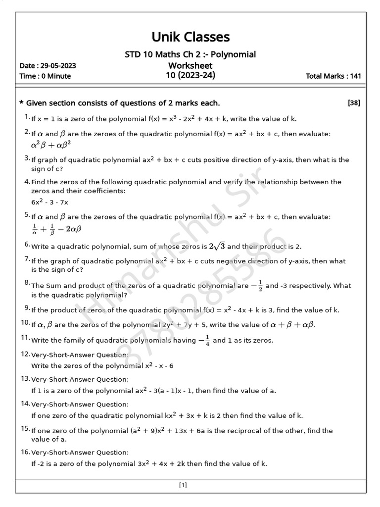 HK 10 Maths CH 2 Polynomial | PDF | Quadratic Equation | Polynomial