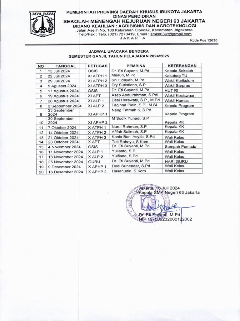 Jadwal Upacara Bendera Tahun Pelajaran 2024 2025 | PDF