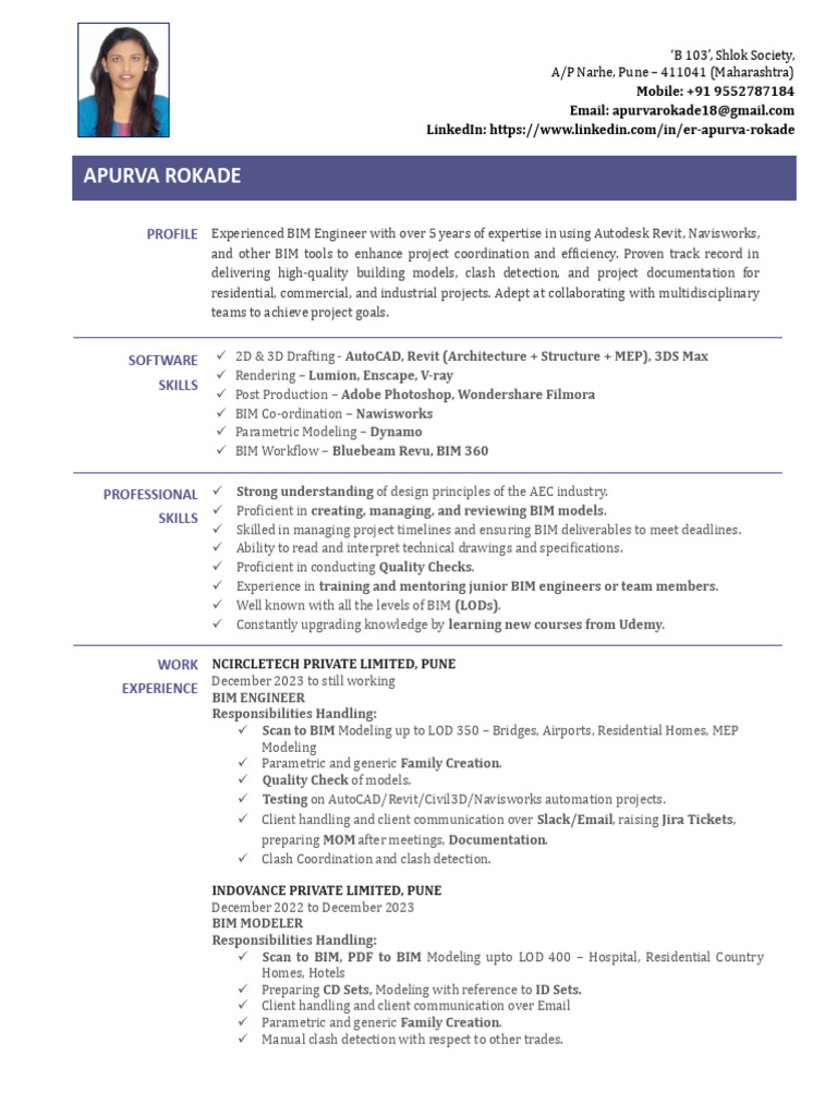 BIM Engineer Resume of Apurva Rokade | PDF | Autodesk Revit | Building ...