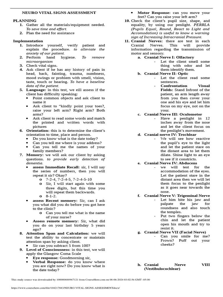 Neuro Vital Signs Assessment | PDF | Anatomical Terms Of Motion | Foot