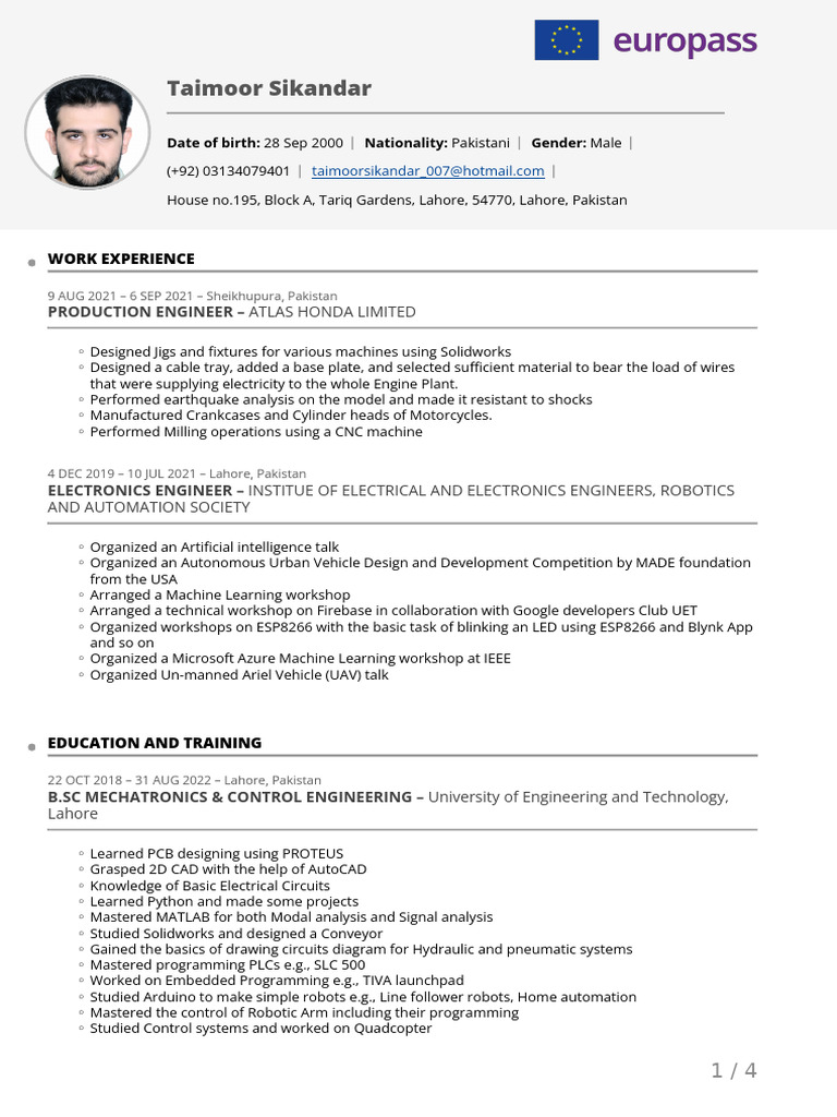 EuroPass CV For Germany | PDF | Robot | Robotics