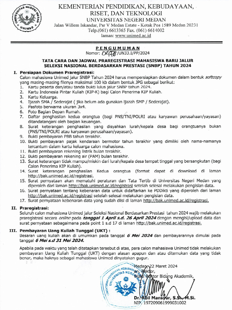 Pengumuman Registrasi SNBP 2024 | PDF