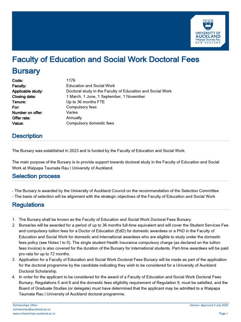 Faculty of Education and Social Work Doctoral Fees Bursary | PDF ...