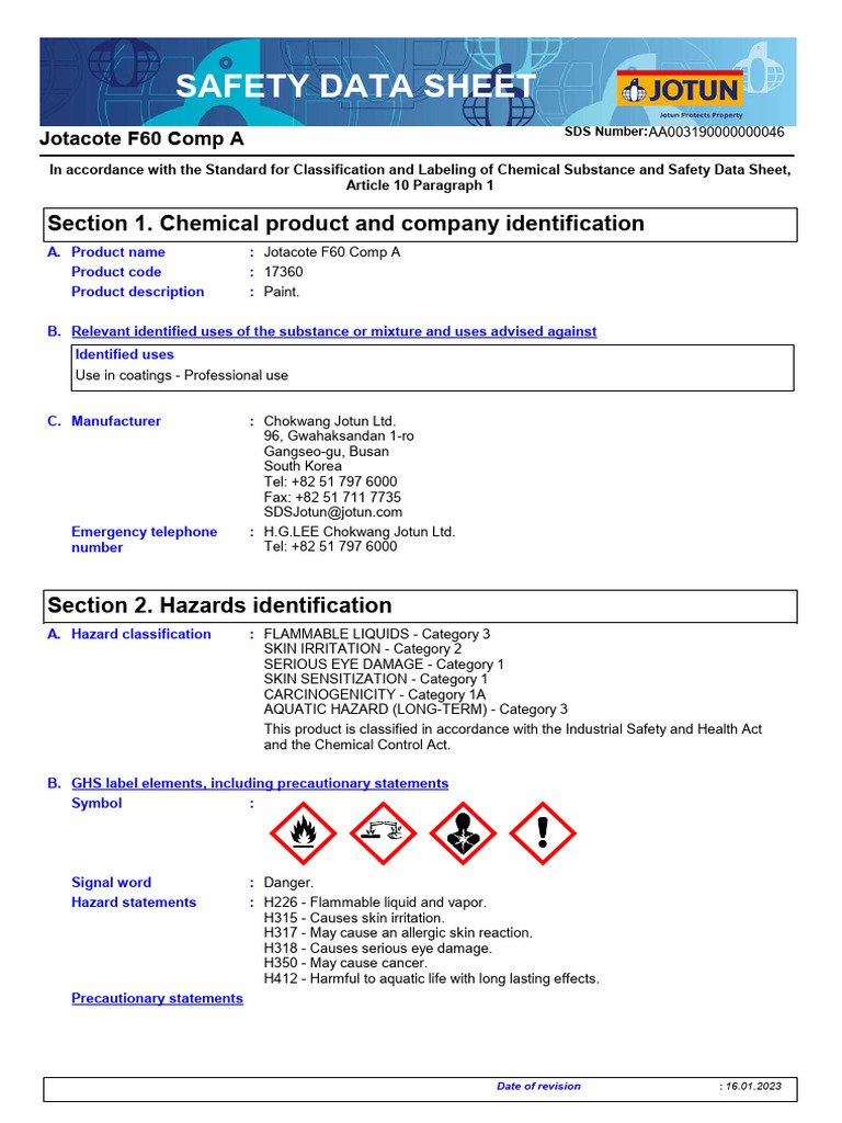 MSDS Jotacote F60 Comp A - (English) - AA00319-0000000046 | PDF | Personal Protective Equipment ...