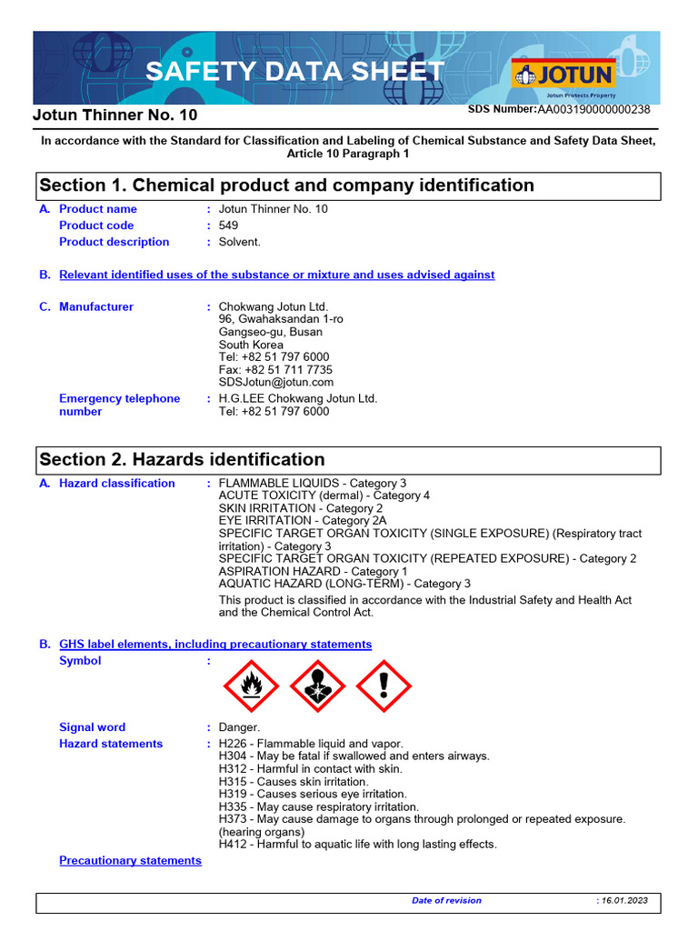 Jotun Thinner No. 10 Safety Data Sheet | PDF | Toxicity | Safety