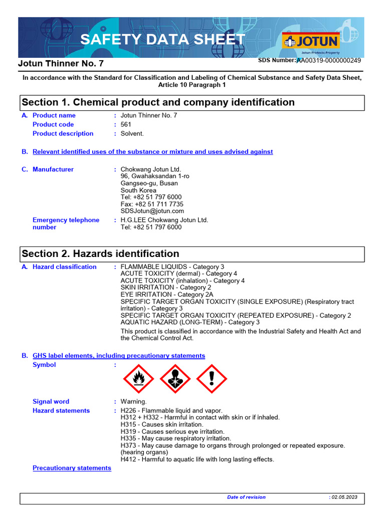 MSDS Jotun Thinner No. 7 - (English) - AA00319-0000000249 | PDF | Toxicity | Safety