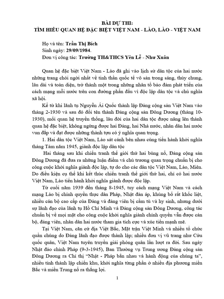 Bai Du Thi Tim Hieu Quan He Viet Nam Lao 2017 Tham Khao | PDF