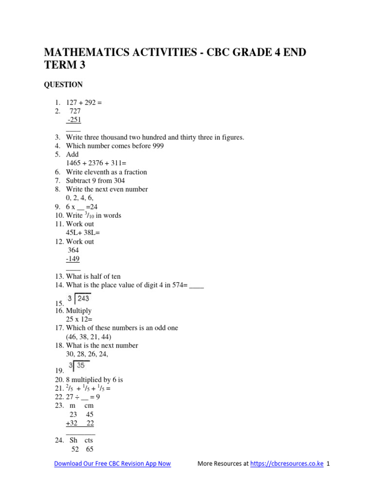 MATHEMATICS ACTIVITIE1 Grade 4 CBC Exams 2023 Term 3 Set 2-2 | PDF ...