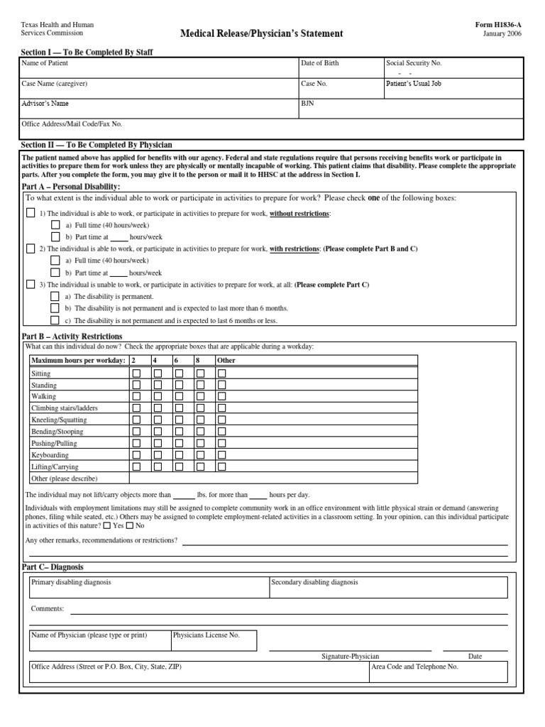 Texas Medical Release Form H1836-A | PDF | Disability | Physician