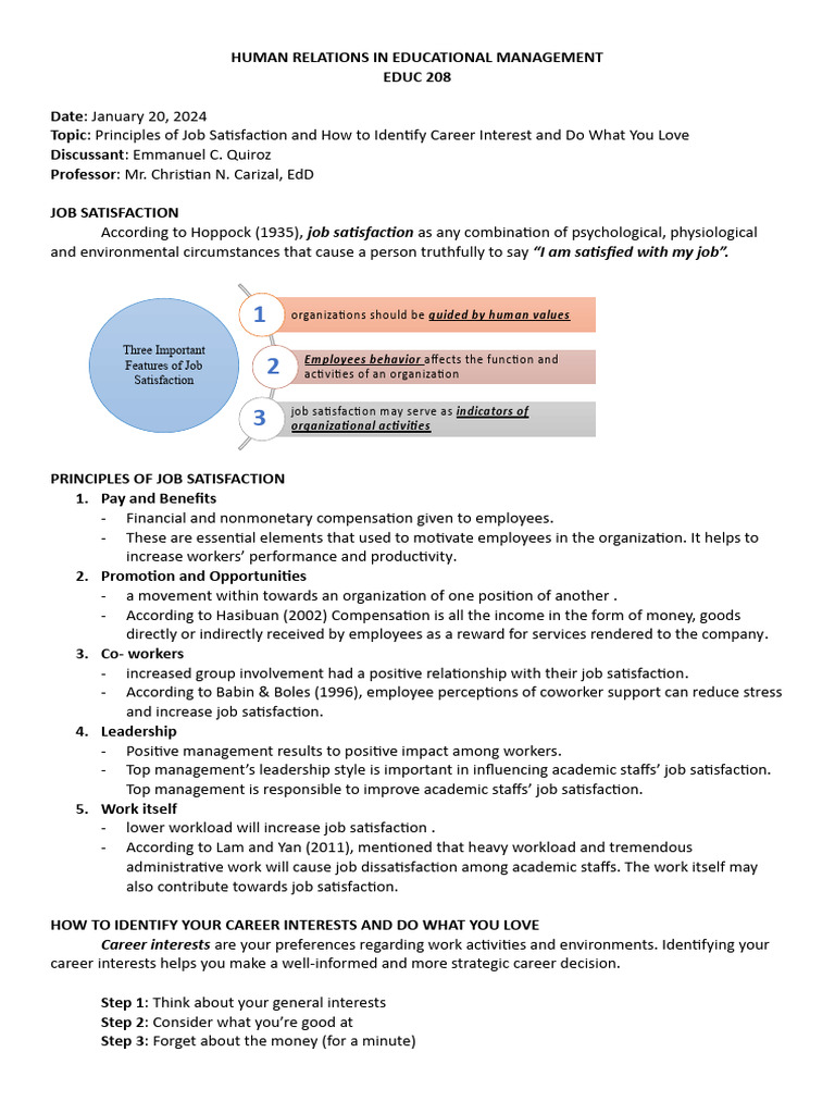 Job Satisfaction Handout | PDF | Job Satisfaction | Psychological Concepts