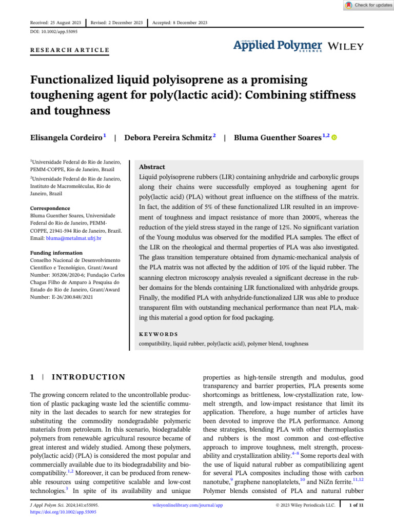 J of Applied Polymer Sci - 2023 - Cordeiro - Functionalized Liquid Polyisoprene As A Promising ...