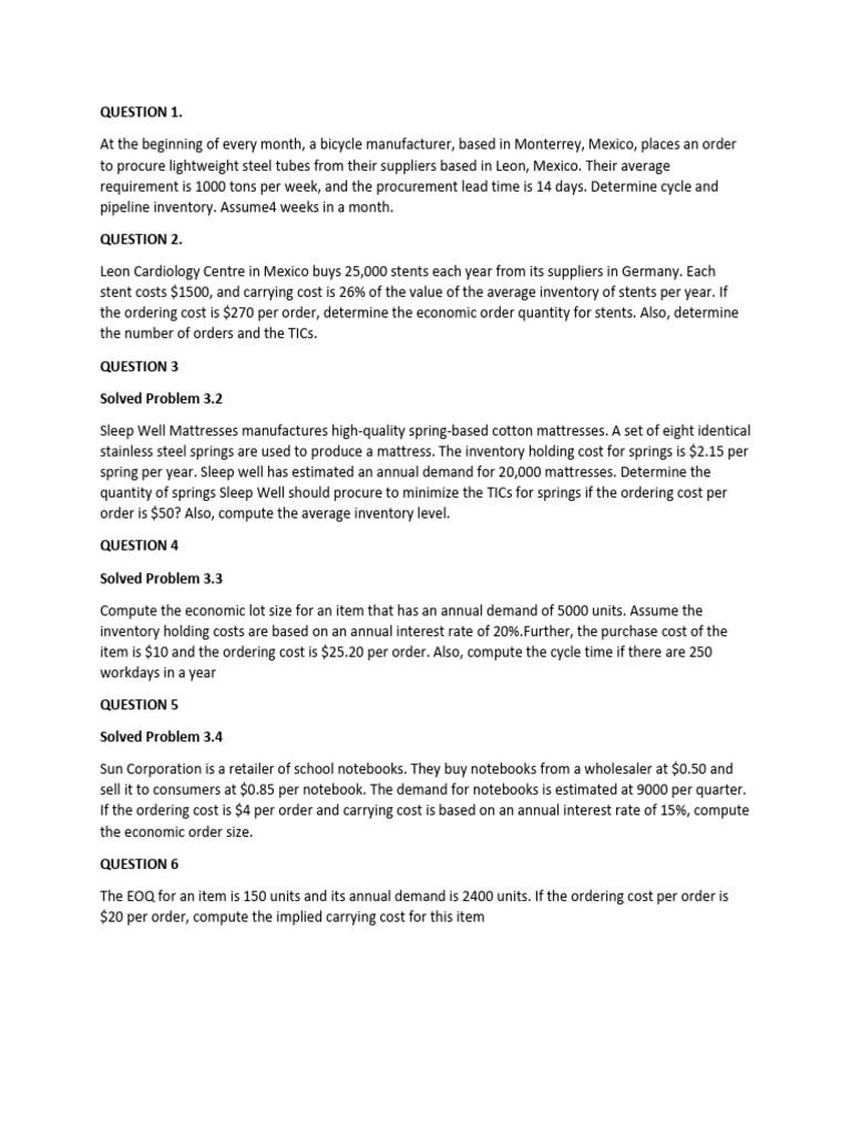 Inventory Management - Warehousing Numericals | PDF