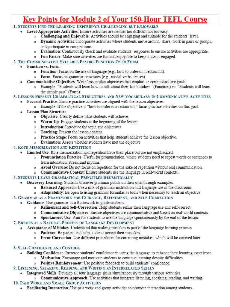 Key Points for TEFL Module 2 | PDF | Learning | Teachers