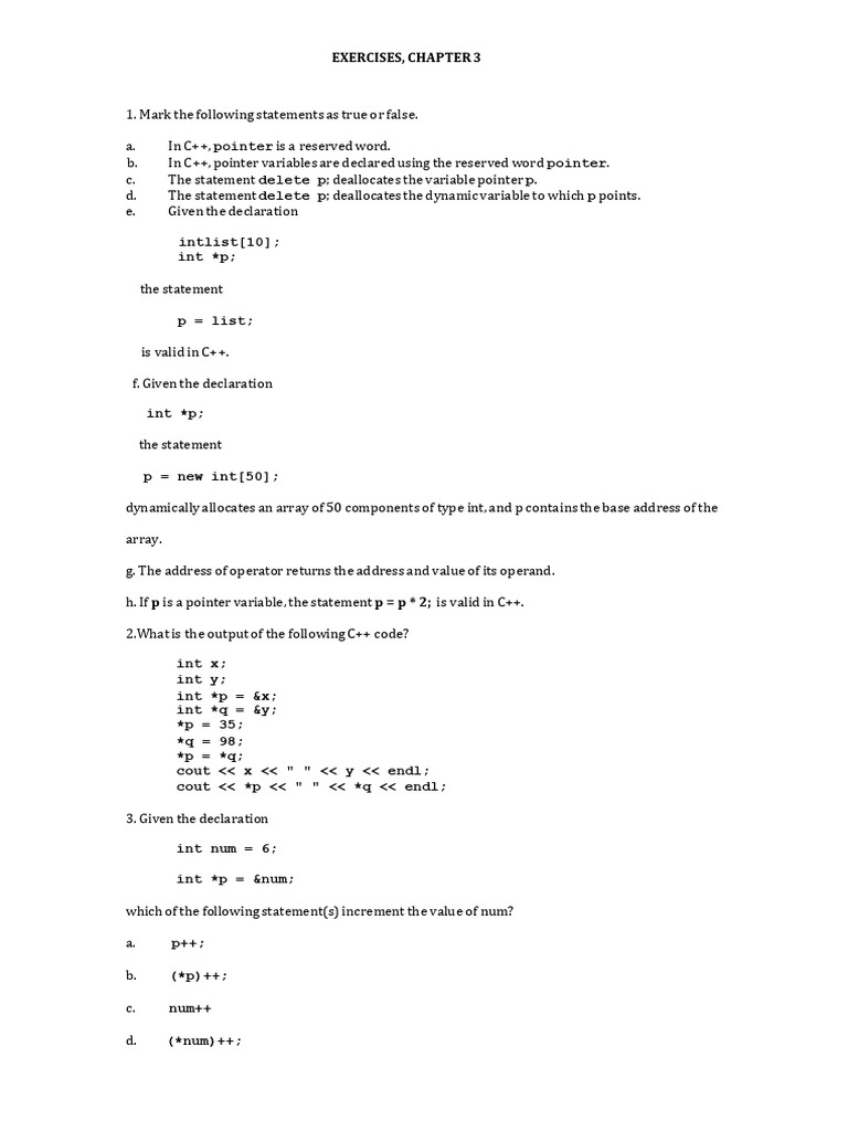 Chapter3 Exercises&Solutions | PDF | Pointer (Computer Programming) | C++ Chapter3 Exercises&Solutions | PDF | Pointer (Computer Programming) | C++