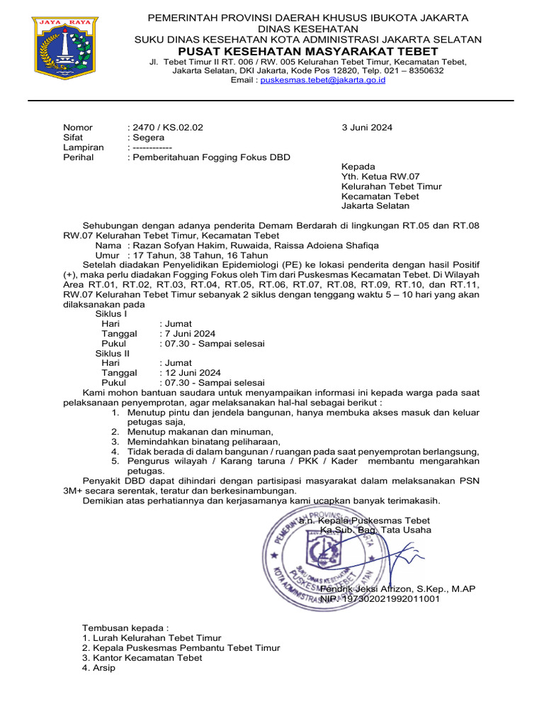 Surat Pemberitahuan Fogging 2024 - TT - RW07 | PDF