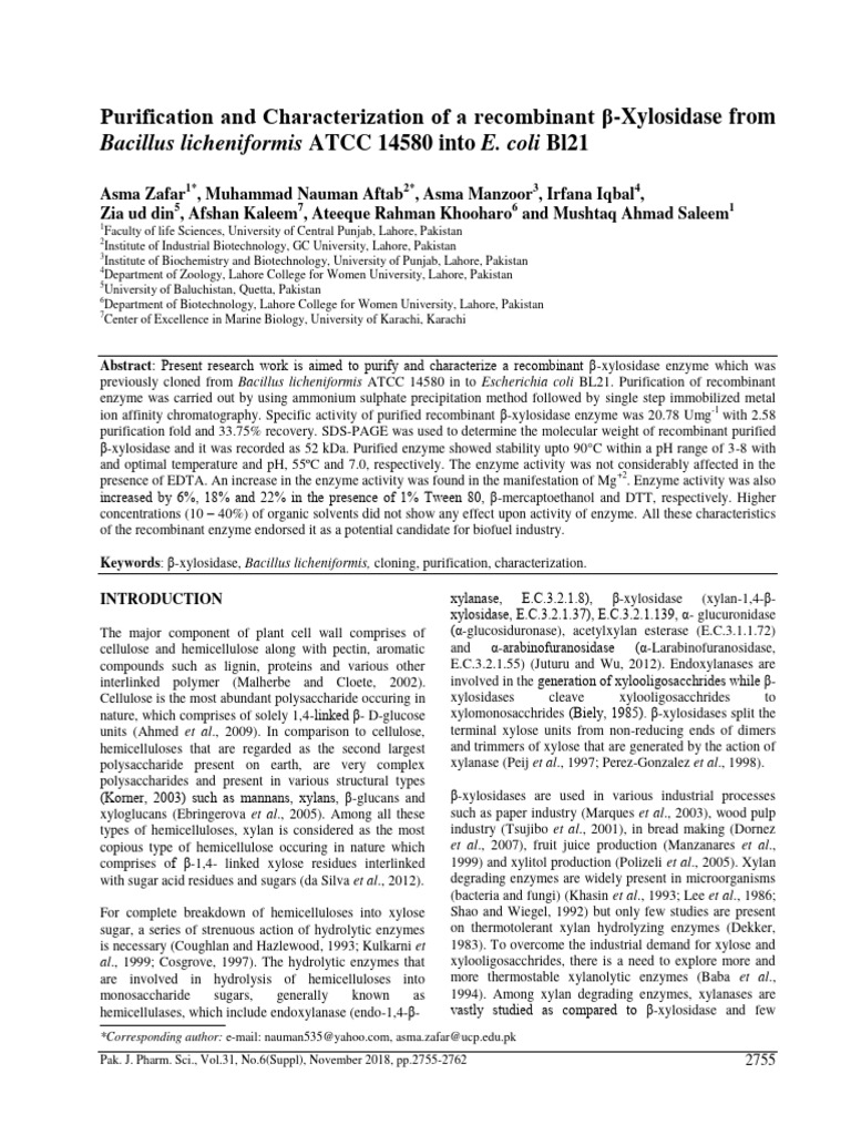 Purification and Characterization of a recombinant β-Xylosidase from Bacillus licheniformis ATCC ...