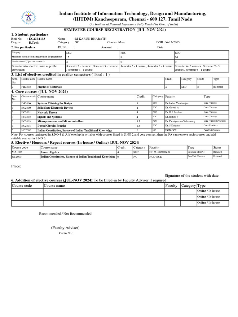 IIITDM Kancheepuram Course Registration 2024 | PDF | Computing | Computer Engineering